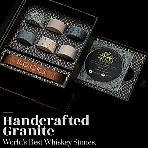 Whiskey Stones Gift Set with Cigar Cutter & Cigar Ashtray - 6 Handcrafted Round Stones, Presentation & Storage Tray - Luxurious Whiskey & Cigar Accessories Gold Foil Gift Box by R.O.C.K.S.