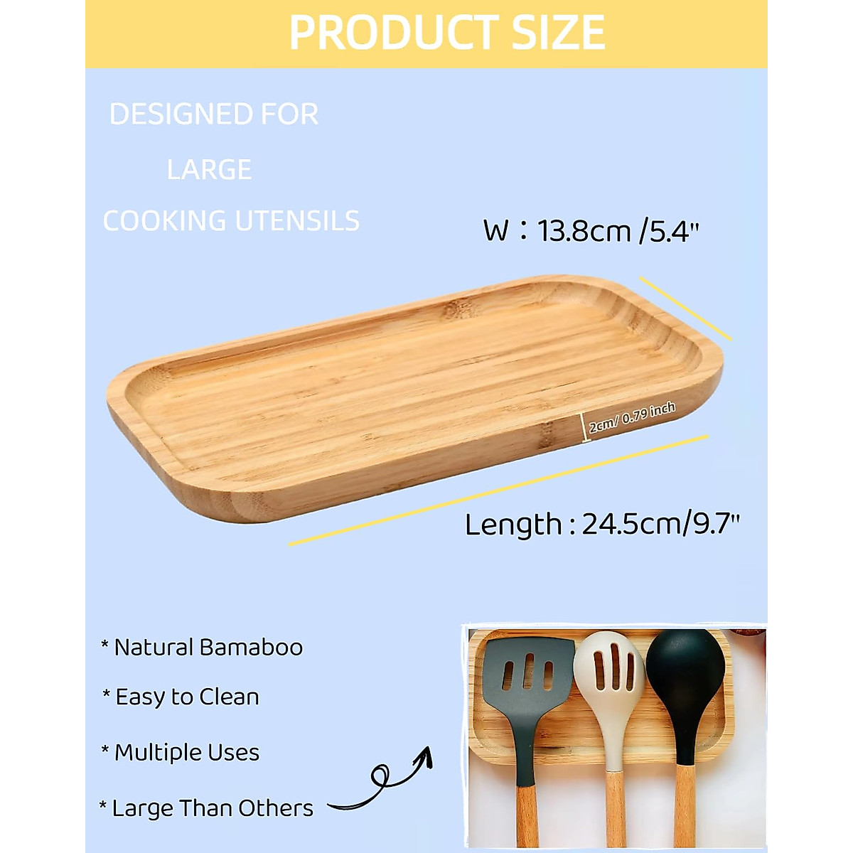 Large Wooden Spoon Rest, 9.7'' Stove Top Bamboo Spoon Holder, Kitchen Counter Cooking Utensils Rest, Farmhouse Small Food Serving Tray for Spatulas, Spoons,Turners, Ladles and Teaspoons (Bamboo)