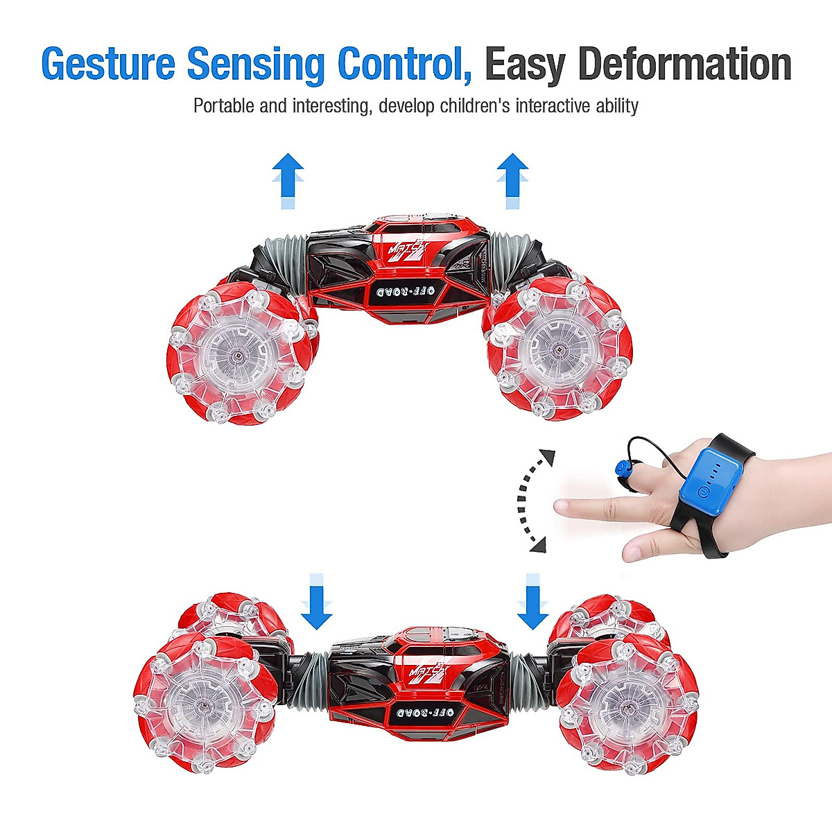 Powerextra Remote Control Car, 4WD Rc Stunt Car with Light & Music, Watch Gesture Sensor Car, Double Sided Rotating Off Road 360° Flips, Toy Car for Boys & Girls - Red