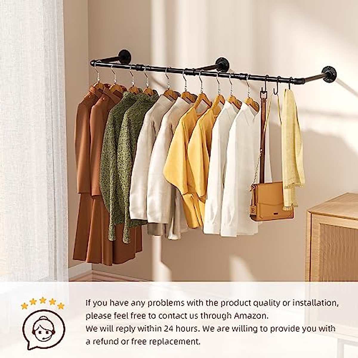 Vintage Clothes Rack, 48" Industrial Pipe Wall Mount Garment Rack, Space-Saving Heavy Duty Clothes Hanger for Closet Storage, 3 Bases, 1-Pack with 6 S-Hooks, Industrial Pipe Wall Mounted Closet Rod