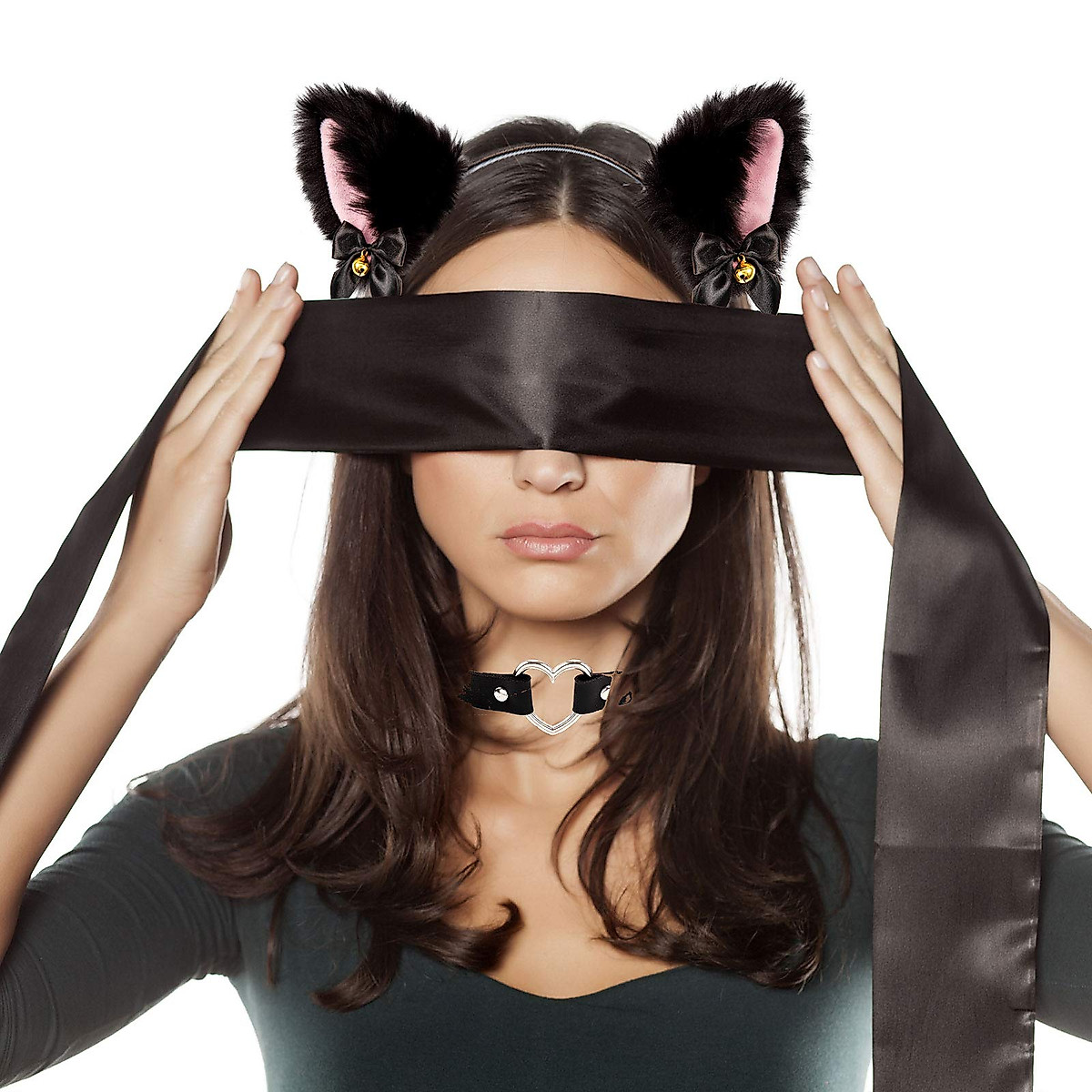 Whaline Black Cat Ear Headband with Bell Heart Chocker Necklace Girl Plush Furry Cat Ear Hair Band for Girl Women Adult Cosplay Party Fancy Dress Halloween Drama, 2Pcs