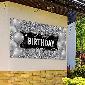 Silver Happy Birthday Banner Backdrop Silver Birthday Party Decorations Black White Balloons Happy Birthday Background Photo Photography Banner for Men Women Birthday Supplies, 72.8 x 43.3 Inch