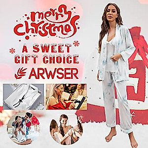 Arwser Women's Silk Satin Pajamas Set 4 Pcs Sleepwear Cami Top Pjs with Shorts and Robe White