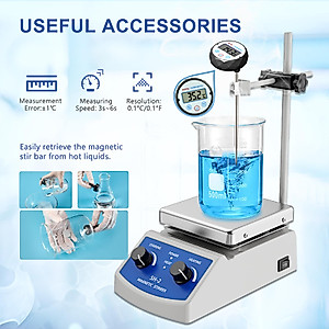 Magnetic Stirrer Hot Plate w/Thermometer, Magnetic Stir Plate w/Stir Bar Retriever, Max.520℉ Hot Plate Stirrer, 100~2000RPM Magnetic Hotplate Stirrer w/Stir Bar n Support Stand