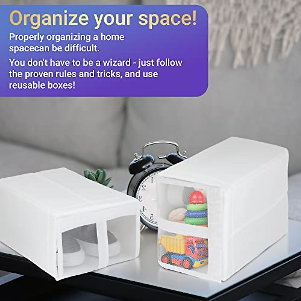 APQ Closet Storage Boxes with Lids, Hook and Loop Fasteners, 13.5 x 8.75 x 6.25, Pack of 4 White Fabric Boxes for Storage, Roomy Dense Oxford Cloth Collapsible Storage Box, Odorless Fabric Storage Box