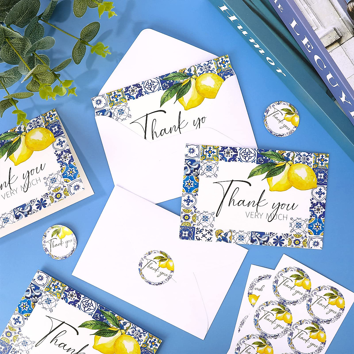 AnyDesign Lemon Thank You Cards Bulk 24 Pack Thank You Note Cards with Matching Seal Stickers Envelopes Blue Tiles Lemon Greeting Cards for Baby Shower Wedding Birthday Bridal Party and All Occasion