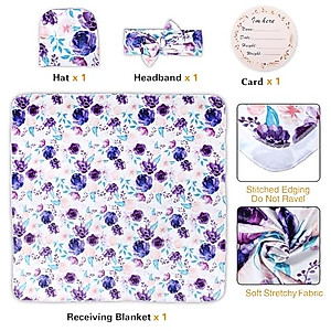Newborn Receiving Blanket Girl, Stretchy Baby Swaddle Blankets Headband Hat Set, New Born Hospital Outfit Infant Shower Gift, 0-3 Months, Purple Floral