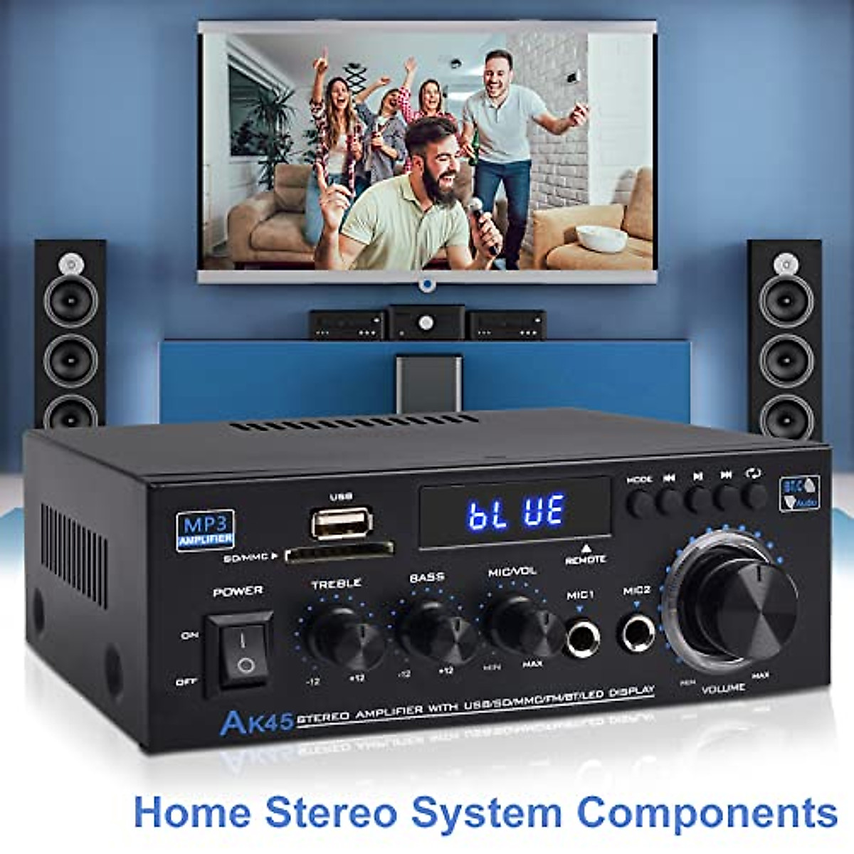 Stereo Audio Amplifier Receiver, 300Wx2 Home Dual Channel Bluetooth 5.0 Sound Speaker AMP, Home Amplifiers FM Radio, USB, SD Card, with Remote Control Home Theater Audio Stereo System Components