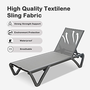 Domi Outdoor Chaise Lounge Set of 2,Pool Lounge Chair,Aluminum Sling Lounge Chairs for Outside with 5 Adjust able Positions (2 Grey Lounges W/O Table)