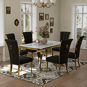 Asday Black Velvet Dining Chairs, Metal Back Ring Pull Trim and Golden Legs, Black and Gold Dining Chair for Dining Room, Apartment, Kitchen (Black, Set of 12)