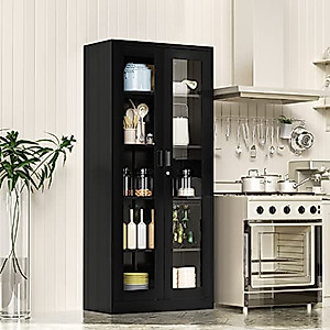 AFAIF 71" Curio Cabinet Glass Display Cabinet with 4 Adjustable Shelves, Tall Bookshelf Bookcase with Glass Doors, Lockable Metal Storage Cabinet Modern Liquor Cabinet for Home Office Pantry Bathroom