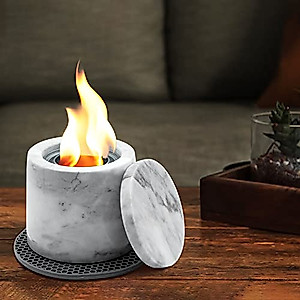 Montex Marble Tabletop Fire Pit Rubbing Alcohol Fireplace with Lid and Silicon Mat, Fire Pit Bowl for Indoor and Outdoor White