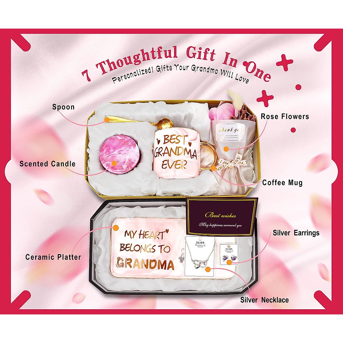 RARVA Grandma Gifts -Thank You Gifts Basket for Birthday Mothers Day Include Silver Heart Necklace Earrings Coffee Mug Set Candle Flower Grandmother Personized Gift Basket