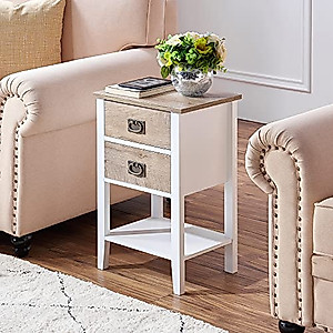 VECELO Nightstands End/Side Tables for Living Room Bedroom Bedside Storage, Vintage Accent Furniture Small Space, Solid Wood Legs, Two Drawers, White & Oak