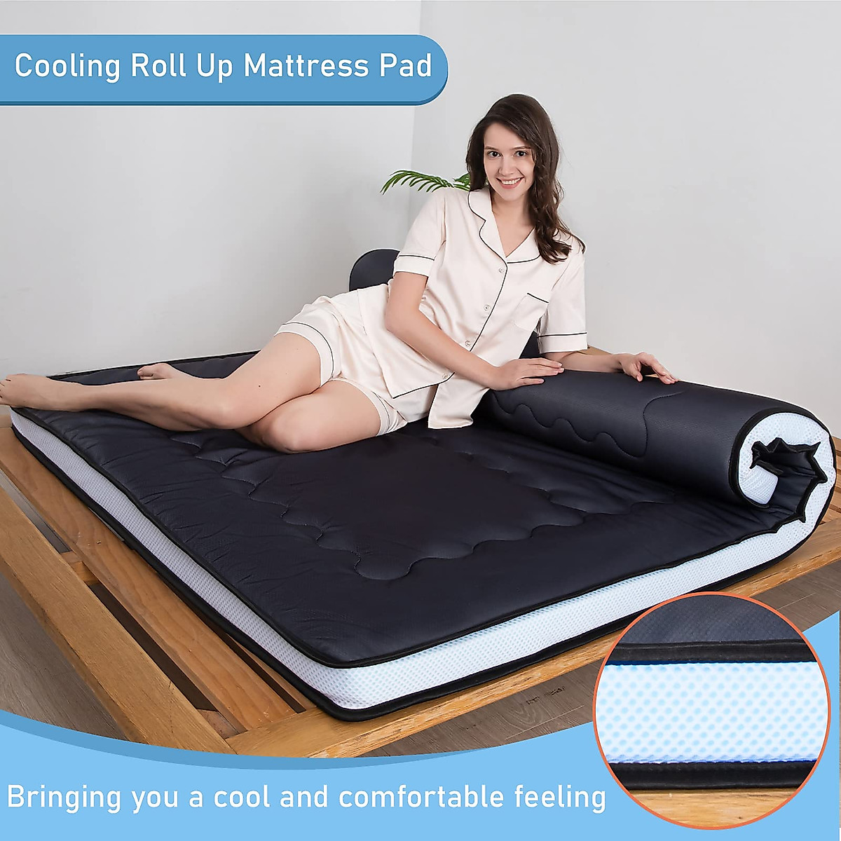 MAXYOYO Cooling Floor Mattress Japanese Futon Mattress for Hot Sleepers, Cooling Mattress Pad Portable Camping Mattress Roll Up Mattress for Summer, Breathable Mesh, Cool Sleep, Charcoal Black, Queen
