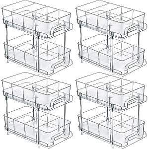 Leinuosen 4 Pcs 2 Tier Pull out Bathroom Organizers Storage with 4 Dividers, Clear Kitchen Under Sink Organization Slide out Cabinet Drawer Closet for Pantry, Vanity Counter, Counter, Medicine Bin