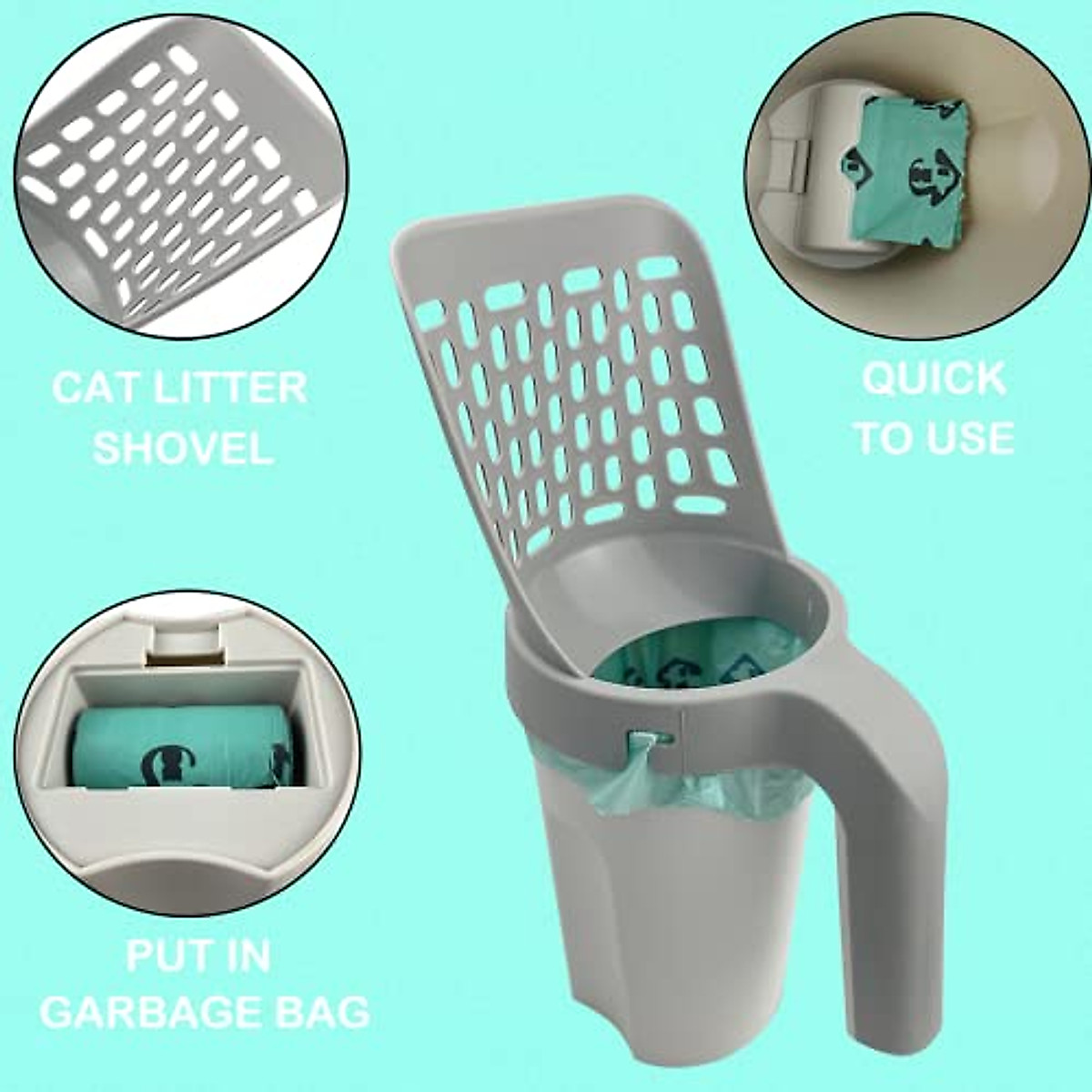 Cat Litter Scoop,Cat Litter Scooper with Trash Container,Removable Cat Litter Scoop Holder，Portable Litter Scooper with Holder Provides 215 Garbage Bags，Cat Scooper&Cat Litter Disposal System In 1