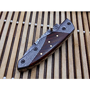 8" Long Folding Knife with Pocket Clip, Hand Forged Damascus Steel 3.5" Blade. Rose Wood Scale with Damascus Bolster, Cow Hide Leather Sheath Included with Belt Loop (Walnut Wood)