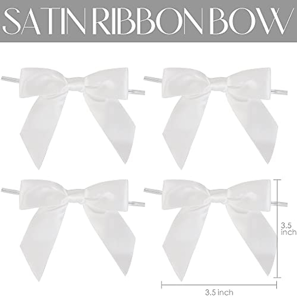 AIMUDI White Satin Ribbon Twist Tie Bows 3.5" Pretied Bows Premade Craft Bows for Treat Bags Cake Pop Gift Wrapping Basket Wedding Favors Cookie Candy Bagging Baby Shower - 50 Counts