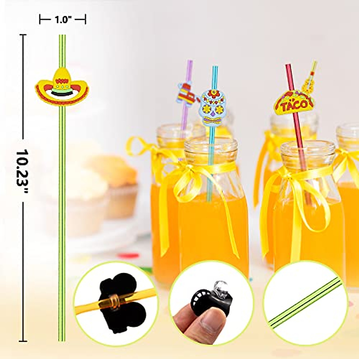 24pcs Cinco De Mayo Fiesta Theme Beverage Cocktail Straws for Mexico Fiesta Taco Party Supplies Party Favor with 2 Pieces Straw Cleaning Brushes, 6 Colors Straws