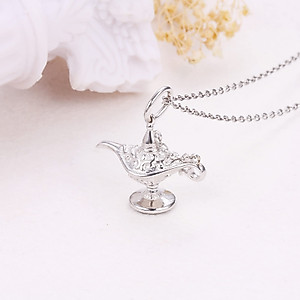 DAOCHONG S925 Sterling Silver Aladding Magic Genie Lamp Legend Wishing Carved Lamp Pendant Necklace Jewelry Good Luck Gift for Women