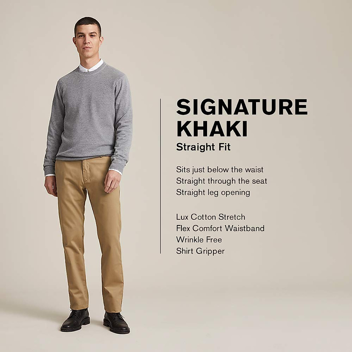 Dockers Men's Straight Fit Signature Lux Cotton Stretch Pant, New British Khaki, 34W x 30L