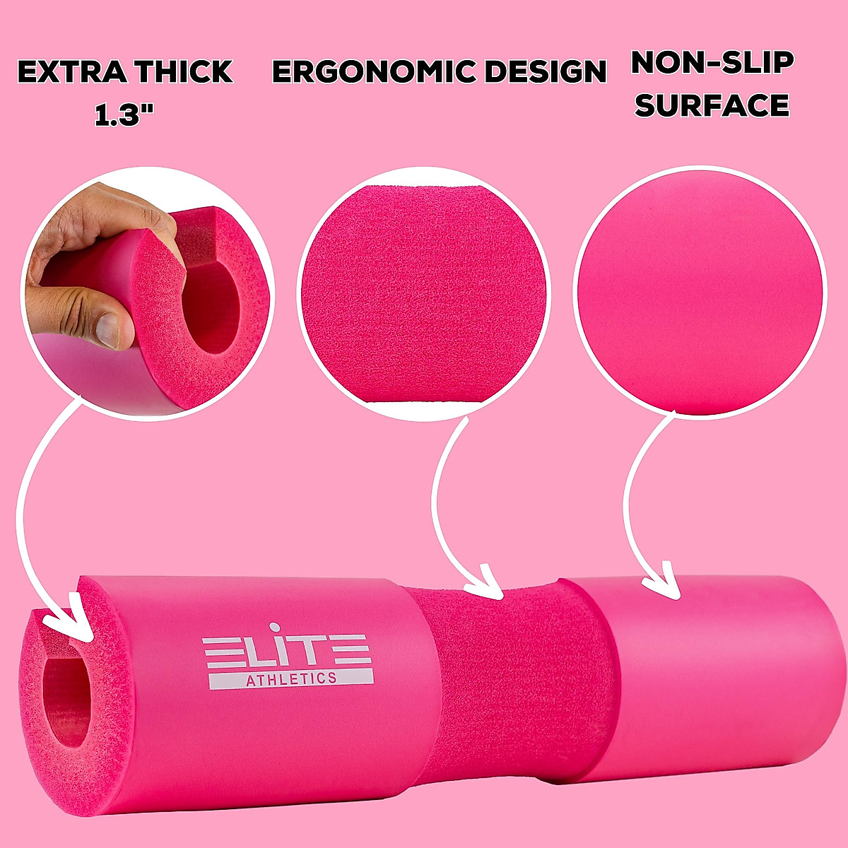 Elite Athletics Barbell Squat Pad for Women & Pair of Gym Ankle Straps for Cable Machines with Secure Straps & Carry Bag - Pink Hip Thrust Foam Squat Bar - Thick Foam Cushion