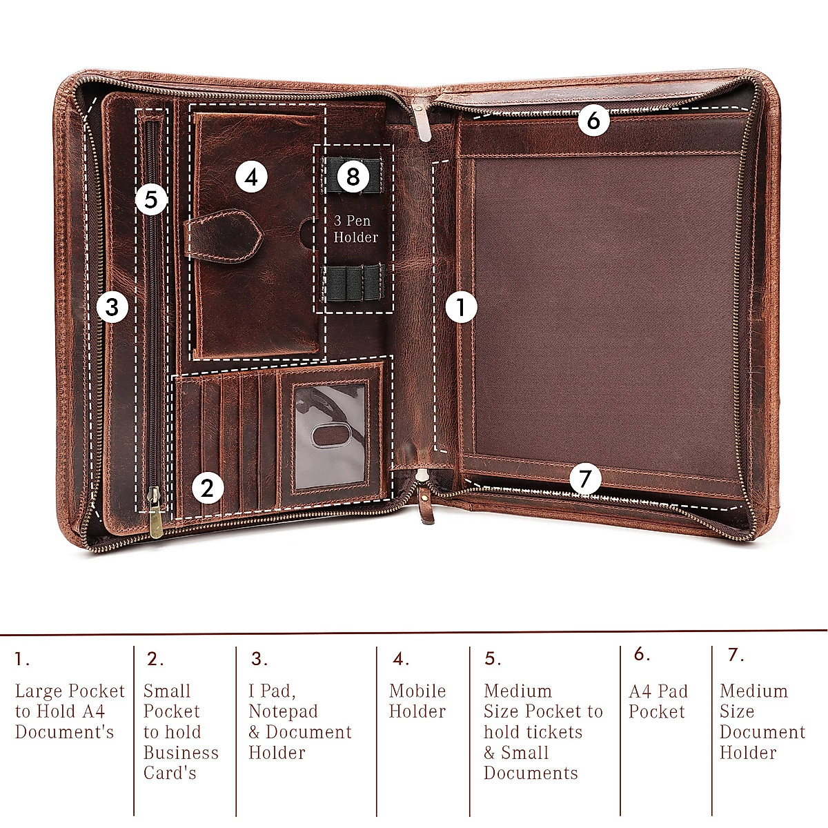 Leather Portfolio Binder, Professional Organizer Padfolio – Resume Folder, Business Card & Document Holder, Portfolios for Men & Women, Office & Business Supplies by Luxeoria | (Large - Brown)