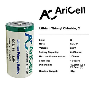 Aricell SCL-14 (C) 3.6V Lithium Thionyl Chloride Battery (5 Pack)