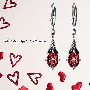 Vintage Leverback Ruby Earrings Sterling Silver Retro Drop Earrings with Oval Red Simulated Birthstone Crystal from Austria, Earrings Gifts Birthday Jewelry for Women