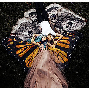 Halloween Butterfly Wings Costume for Women Girls Printed Moth Cape Shawl Wrap Moth Butterfly Cloak(Yellow)