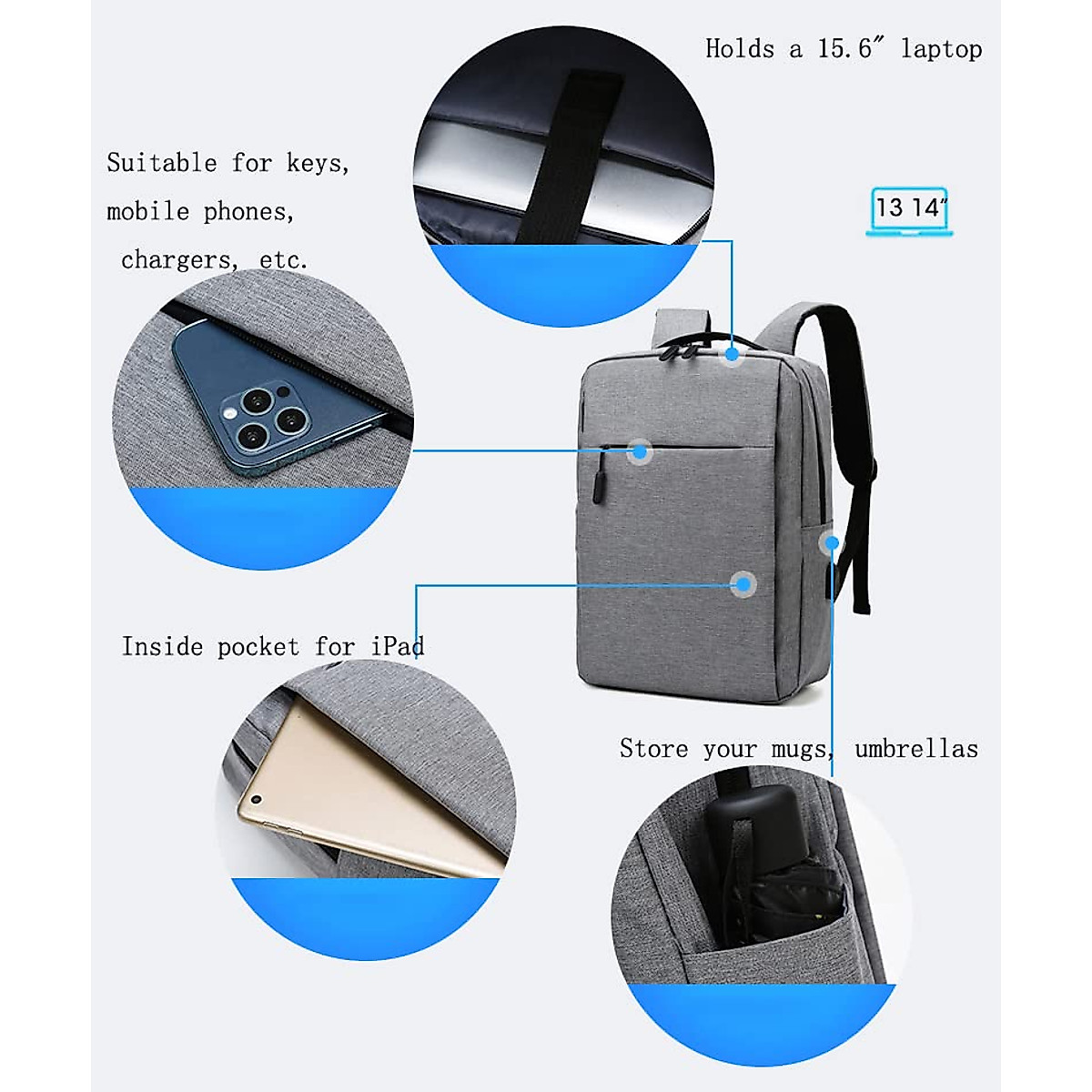 Business Travel Laptop Backpack with USB Charging Port for Men Ladies Boys Girls, Large Capacity Anti-Theft Waterproof College School Bags Computer Backpacks for 15.6 Inch Laptop Notebook (Gray)