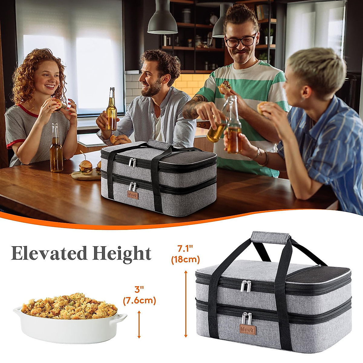 Lifewit Insulated Double Casserole Carrier Thermal Lunch Tote for Potluck Parties, Picnic, Beach, Fits 9 x 13 Inches Casserole Dish, Expandable by Mid Zipper, Grey