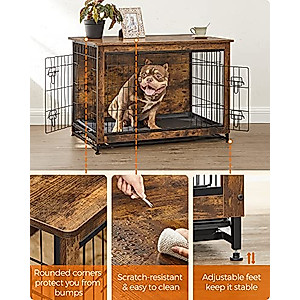 FEANDREA Dog Crate Furniture, Side End Table, Modern Kennel for Dogs Indoor up to 70 lb, Heavy-Duty Dog Cage with Multi-Purpose Removable Tray, Double-Door Dog House, Rustic Brown UPFC003X01