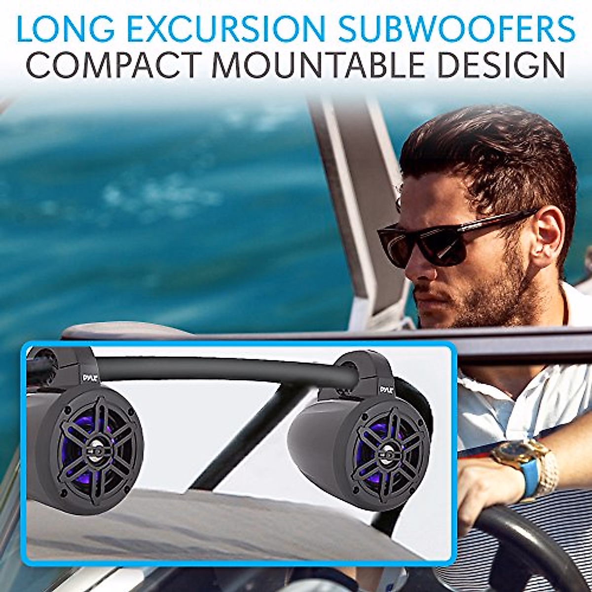 Pyle Waterproof Marine Wakeboard Tower Speakers - 4 Inch Dual Subwoofer Speaker Set w/LED Lights & Bluetooth for Wireless Music Streaming - Boat Audio System w/Mounting Clamps PLMRLEWB47BB