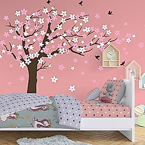 Large Cherry Blossom Tree Blowing in The Wind Tree Wall Decals Wall Sticker Vinyl Wall Art Kids Rooms Teen Girls Boys Wallpaper Wall Stickers Room Decor (Dark Brown Tree,White and Pink Flower)