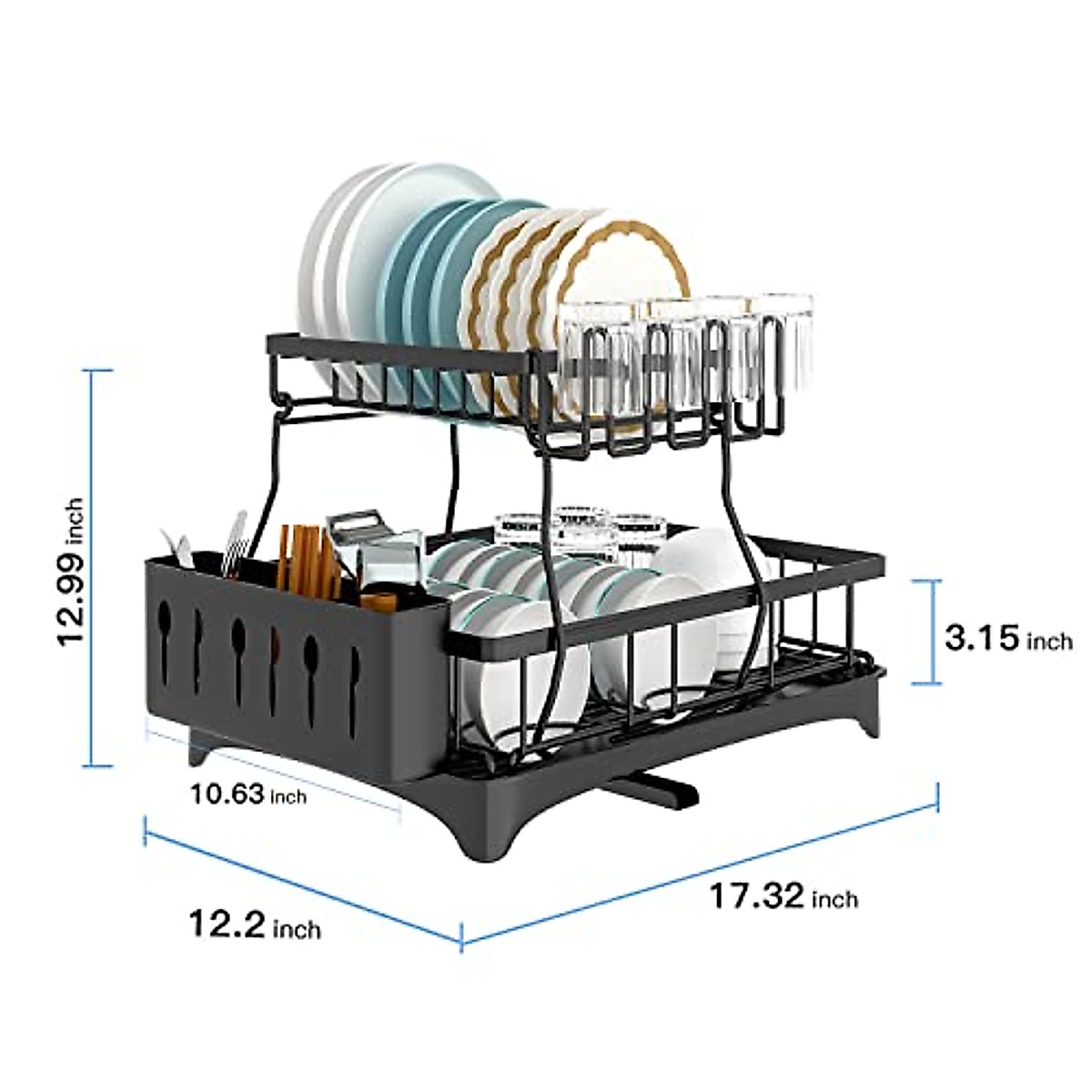 B BEAUTYBABY 2 Tier Dish Drying Rack with Drainboard Dish Racks for Kitchen Counter Dish Drainers Set with Utensils Holder Auto-Drainage Large Capacity Stainless Steel Dish Rack Detachable