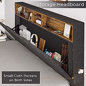 Tiptiper Full Size Bed Frame with Outlets, Platform Bed Frame with Storage Headboard and Height Adjustable, Fabric Upholstered Bed with Wooden Slat Support, No Box Spring Needed, Dark Grey