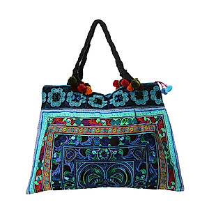 changnoi Unique Fair Trade Tote Bag Embroidered Fabric Large Size from Thailand (Bird Blue)