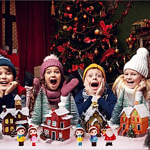 18 Pcs Christmas Village Set Includes 4 LED Lighted Christmas Village Houses 4 Boys Girls Figurines Resin Santa Model 8 Mini Christmas Tree Snow Blanket Roll Winter Xmas Village Collection for Desktop