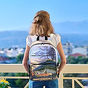 COLORFULSKY Pike Fish Fishing Backpack, PU Leather Travel Laptop Backpack with USB Charging Port, Water Resistant College School Computer Bag for Men & Women Fits 15.6 Inch Notebook