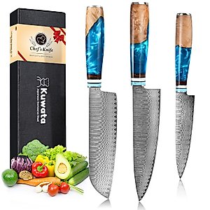 Chef Knife Set Damascus, 3PCS Professional Japanese VG10 Damascus Steel Kitchen Knife Set Chefs Knife, Paring knife, Santoku Knives, Chef Knife Set for Kitchen with Gift Box