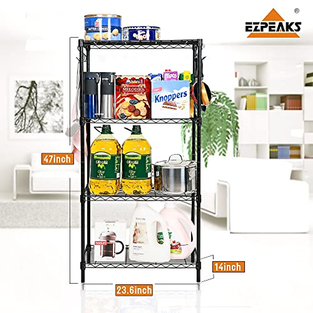 EZPEAKS 4-Shelf Shelving Unit with 8 Hooks and 4-Shelf Liners, NSF Certified, Adjustable Metal Wire Shelves, Shelving Rack and Storage for Kitchen Laundry Bathroom Pantry Closet(23.6W x 14D x 47H)