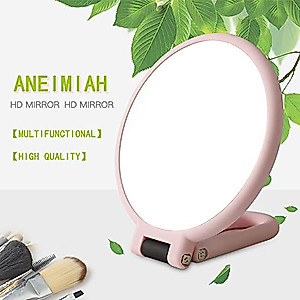 ANEIMIAH 1x 5X Magnifying Travel Hand Held Vanity Mirror,Compact Double Side Folding Magnification Hand Mirror for Women with 360°Rotating Handle Table Desk Small Round Make up Mirrors Pink