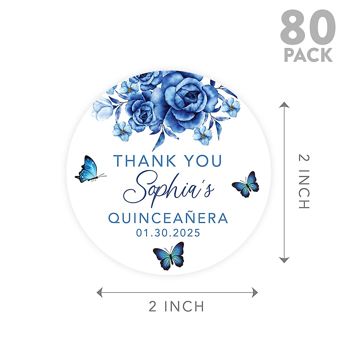 Andaz Press 40-Pack Personalized 2" Round Circle Quinceañera Labels, Blue Butterflies Custom Sticker Labels for Mis Quince Años Favors, Invitations, XV, 15th Birthday Quinceanera Decorations