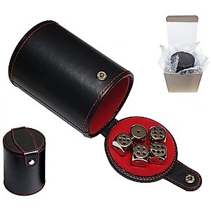 Cyber-Deals Set of Dice Cup Black PU Leather with Storage Compartment Red Felt Lined + 16mm Zinc Alloy Metal Dice, Gift Boxed (Nickel, Black)