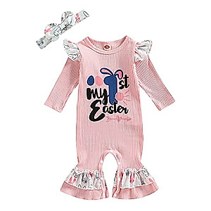 ZIMBRO Baby Girl Easter Outfit Bunny Print Romper My 1st/First Easter Letter Jumpsuit Long Sleeve Bodysuit Headband (Pink,0-3 Months)