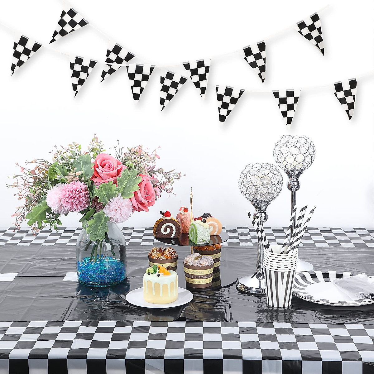 Tallew 2 Pcs Checkered Car Party Supplies Disposable Tablecloth Plastic Table Cover Black and White Checkered Race Table Runner for Racing Birthday Party Decor Favor Supplies (Black,White)