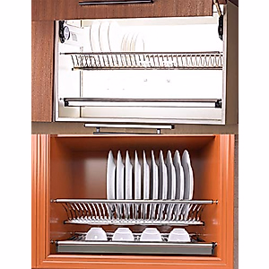 Kitchen Hardware Collection 2 Tier Cabinet Dish Drying Rack Stainless Steel 22.24 Inch Length 20 Dish Slots Kitchen Plate Bowl Utensils Cups Draining Rack Organizer with Drainboard