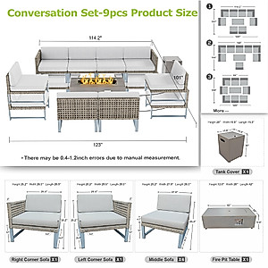 SUNPEAK Patio Furniture Set Outdoor Furniture Sectional Couch Fire Pit Table and Chairs Set with Propane Firepit (Light Brown Wicker, 9 pcs/42‘’ Rectangular Fire Pit)